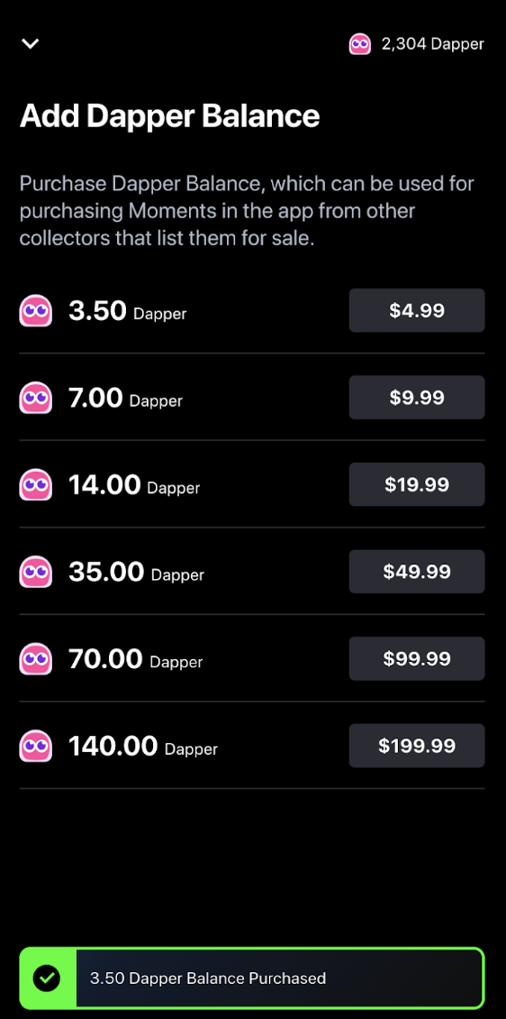 Dapper Balance Deposits in App – NBA Top Shot